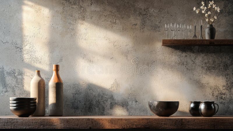Rustic Dining Setup with Ceramics and Textured Wall Backdrop Stock ...
