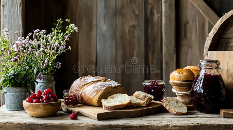 A Rustic Dining Setup with a Wooden Table, Fresh Bread, and Homemade ...