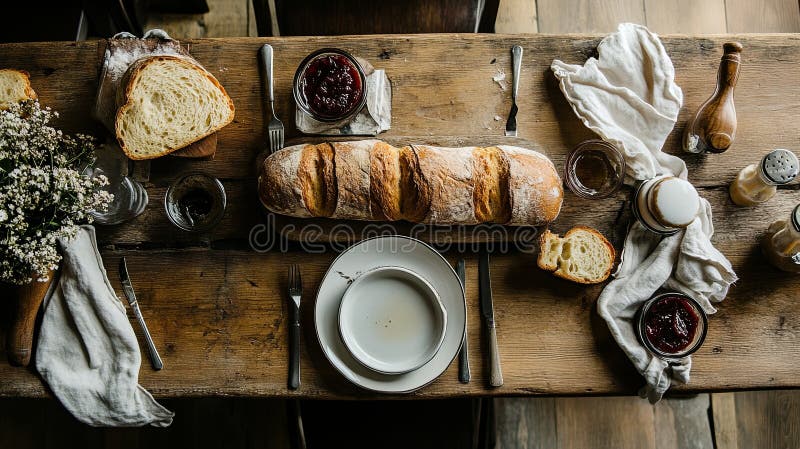 A Rustic Dining Setup with a Wooden Table, Fresh Bread, and Homemade ...
