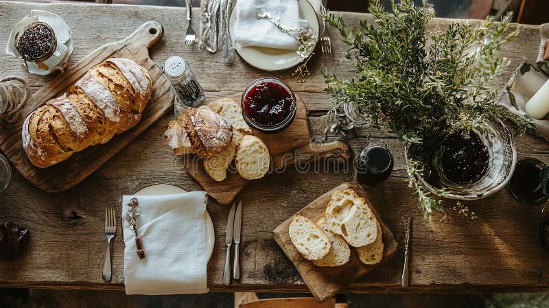 A Rustic Dining Setup with a Wooden Table, Fresh Bread, and Homemade ...