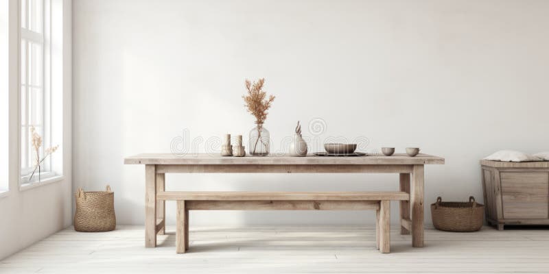 Rustic Dining Table and Bench in White Room. Interior Design of ...