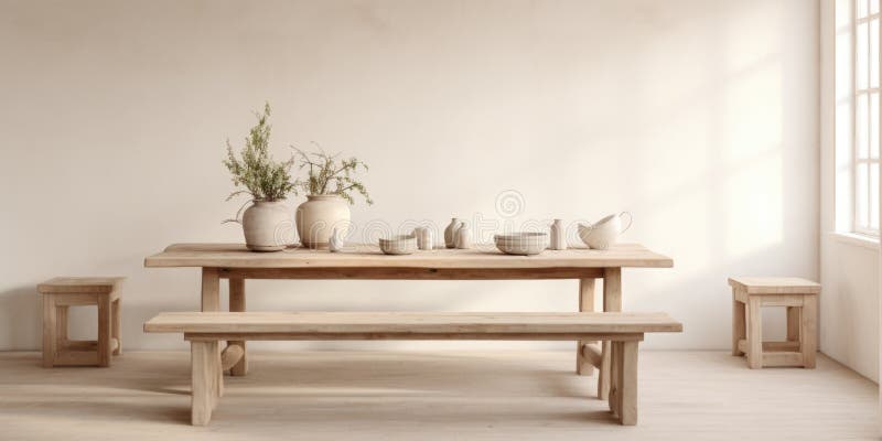 Rustic Dining Table and Bench in White Room. Interior Design of ...