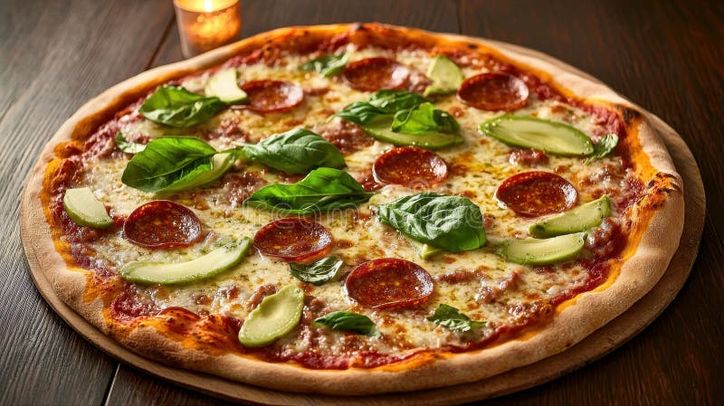 Rustic Dining Table Featuring a Delicious Avocado Pizza Topped with ...