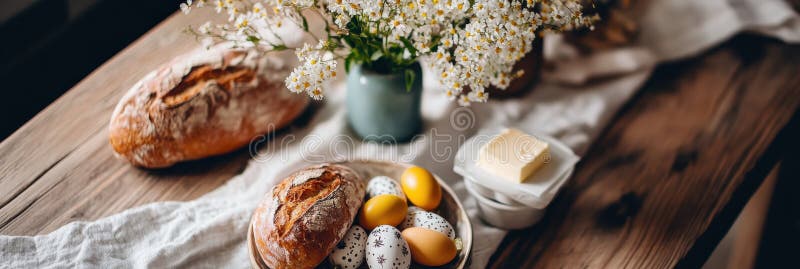 Rustic Dining Table with Fresh Bread, Butter, Eggs, and a Vase of ...