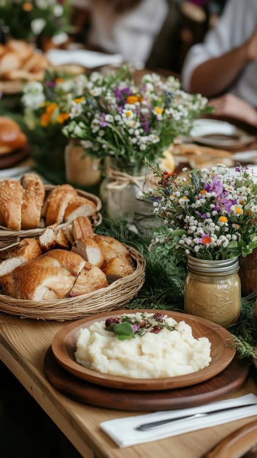 Rustic Dining Table with Fresh Bread, Mashed Potatoes, and Floral ...