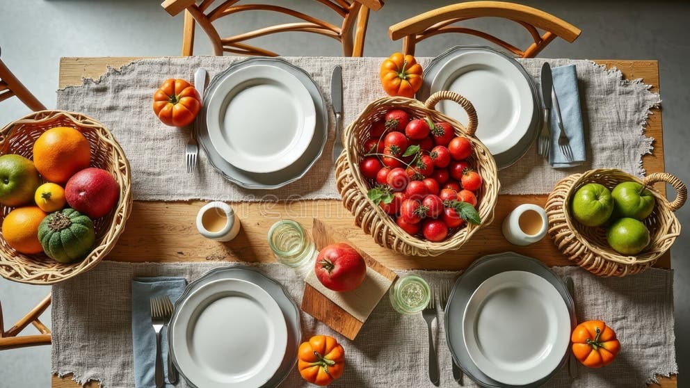 Rustic Dining Table with Fresh Fruits and Vegetables in Wicker Baskets ...