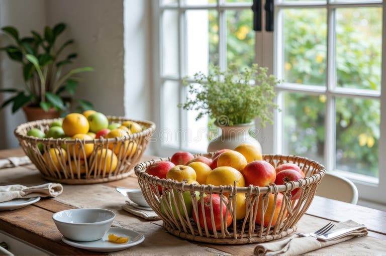 Rustic Dining Table with Fruit Baskets in Sunlit Kitchen Interior Stock ...