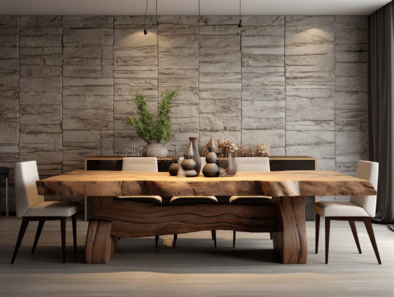 Rustic Dining Table Made from Wooden Slab and Logs. Interior Design of ...