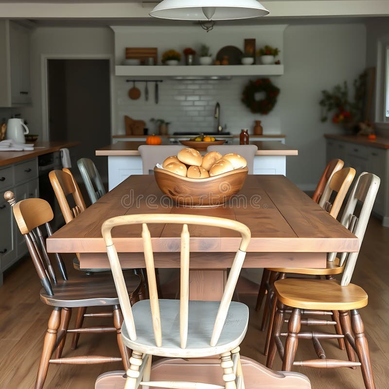 A Rustic Dining Table with Mismatched Chairs a Wooden Bowl of Bread and ...
