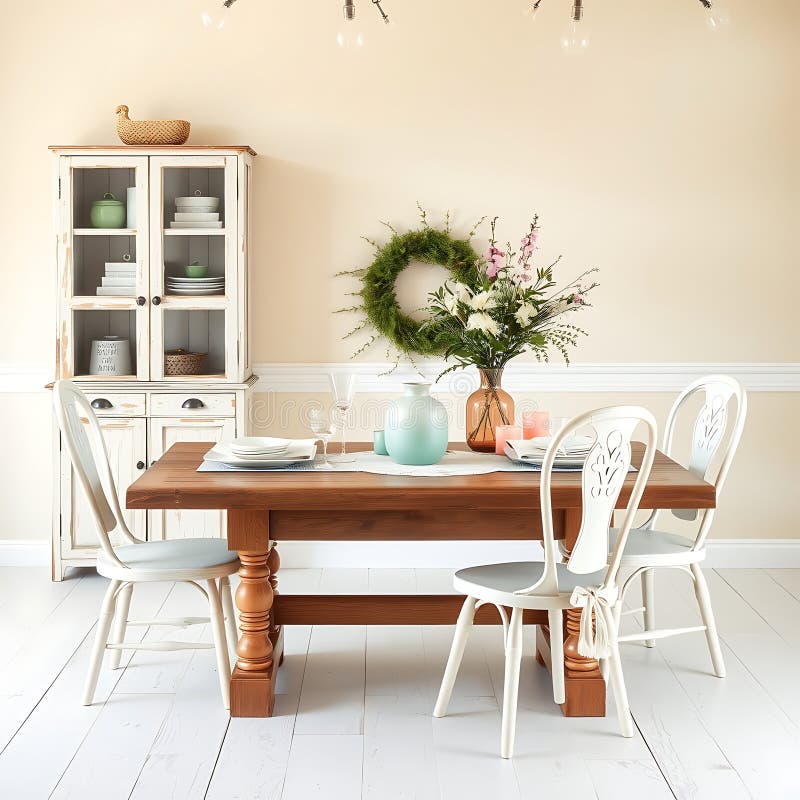 A Rustic Dining Table with Pastel Accents on a Cream and Mint Backdrop Stock Illustration ...