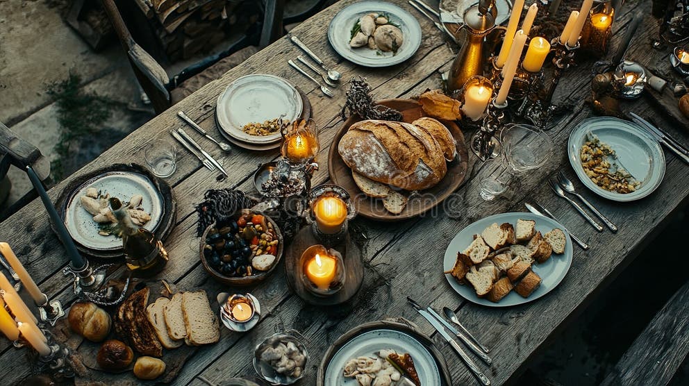 A Rustic Dining Table Set for a Feast with Candles, Bread, and an ...