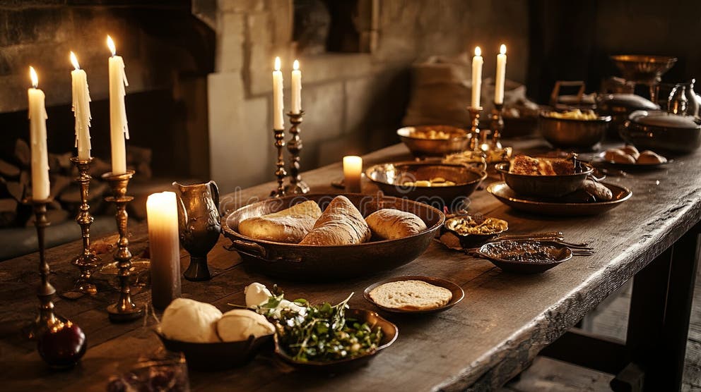 A Rustic Dining Table Set for a Feast with Candles, Bread, and an ...