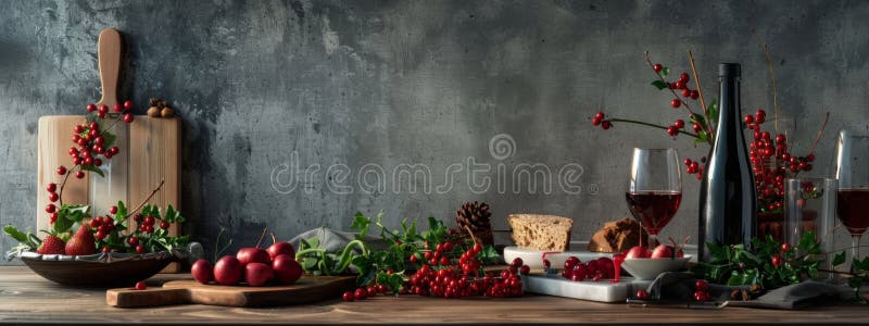 Rustic Dining Table with Fresh Red Berries and Wine Stock Image - Image ...