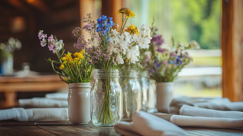 A Rustic Dining Table Set with Mason Jars, Wildflowers, and Linen Stock ...
