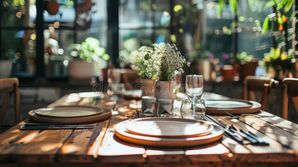 Rustic Dining Table Set for a Meal with Sunlight Streaming through ...