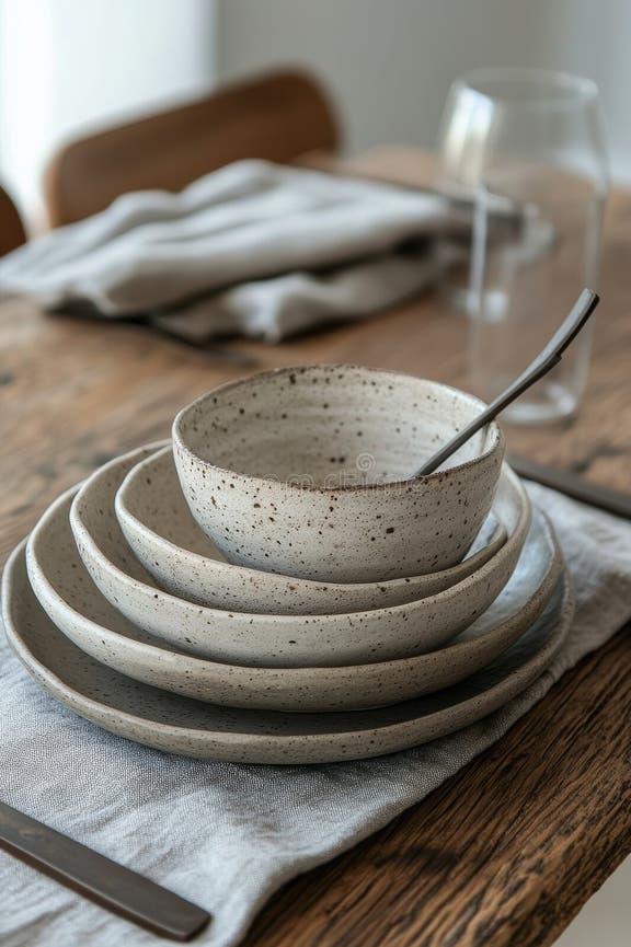 Rustic Dining Table Set with Stacked Kitchen Plates and Fresh Flowers ...