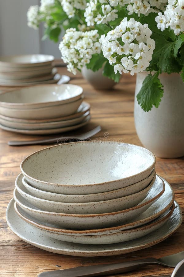 Rustic Dining Table Set with Stacked Kitchen Plates and Fresh Flowers ...