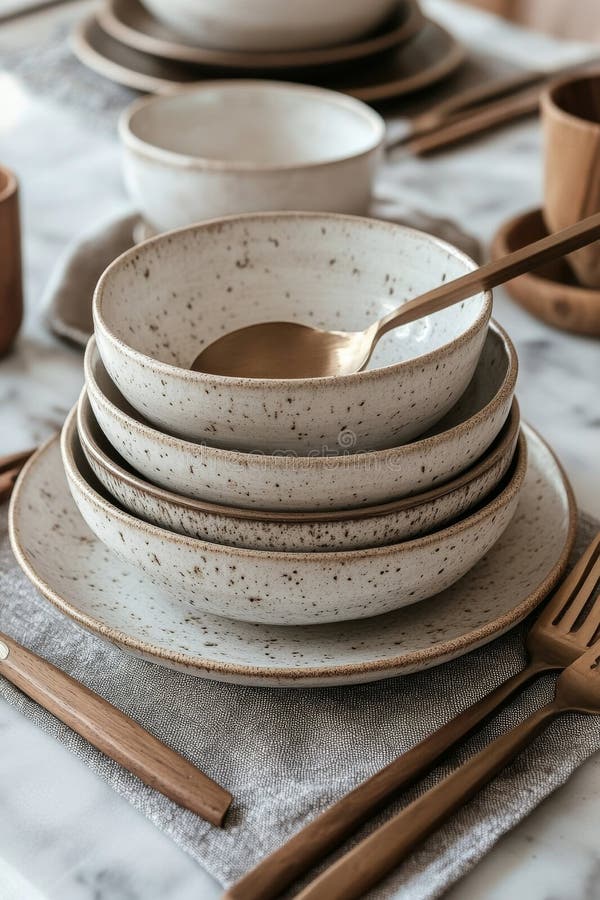 Rustic Dining Table Set with Stacked Kitchen Plates and Fresh Flowers ...