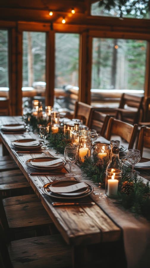 Rustic Dining Table Set for a Winter Gathering with Candles and ...