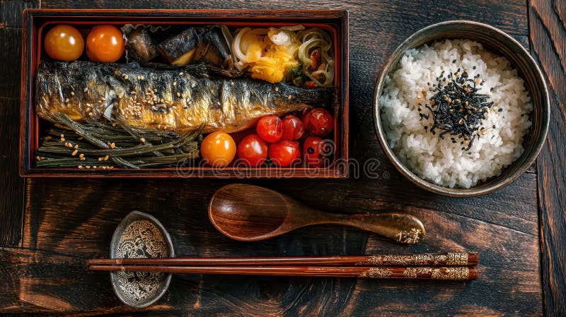 Rustic Dining Table Setting Rice Vegetables Fish Stock Photos - Free ...