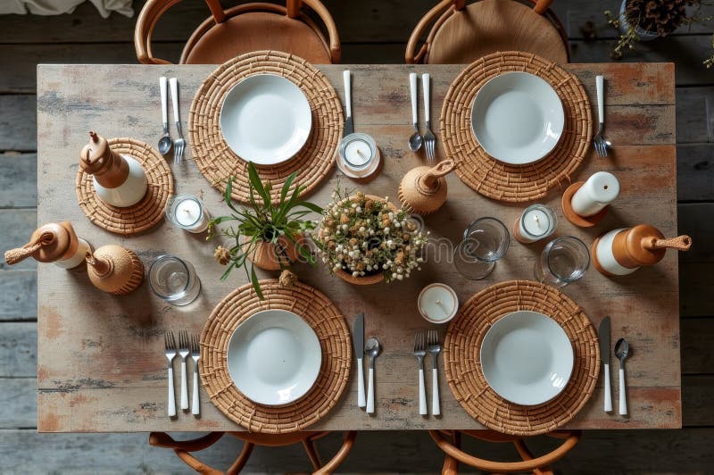 Rustic Dining Table Setting with Woven Placemats and Wooden Decor Stock ...