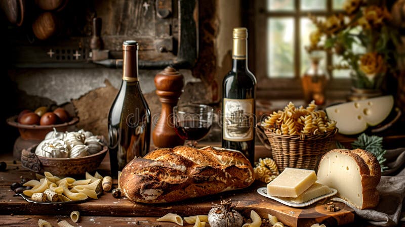 A Rustic Dining Table Spread with Wine, Cheese, and Fresh Bread in a ...