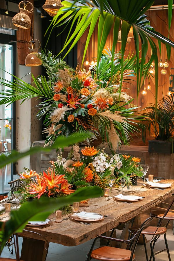 Rustic Dining Table with Vibrant Floral Arrangements in a Modern Indoor ...
