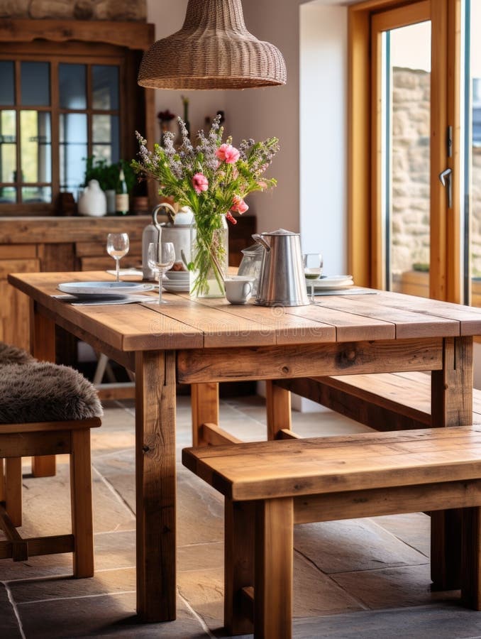 Rustic Dining Table and Wooden Bench. Interior Design of Modern Dining ...