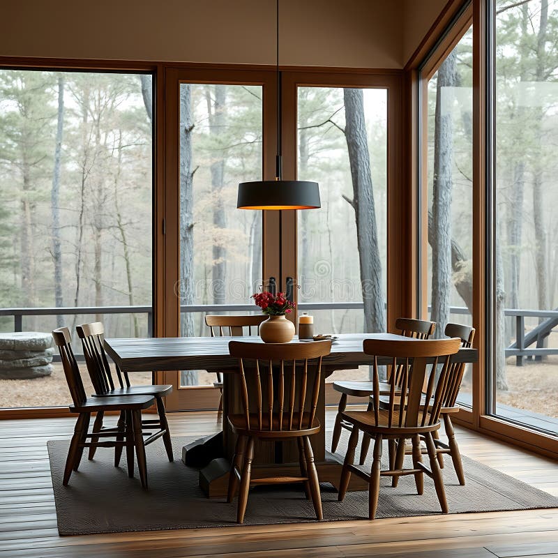 A Rustic Dining Table with Wooden Chairs Surrounded by a Forest View ...