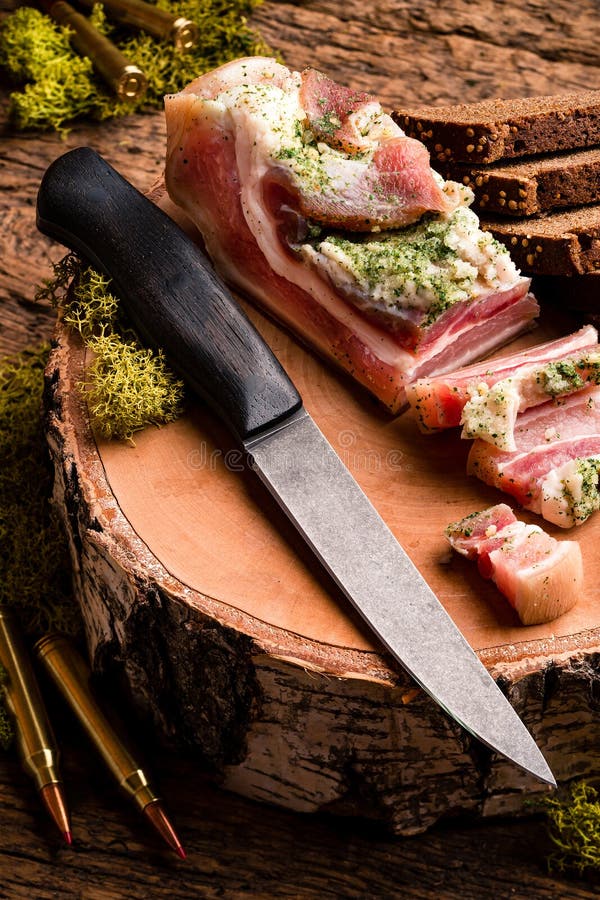 Rustic Dinner Board with Bread, Cold Meat, Hunting Knife Stock Image ...