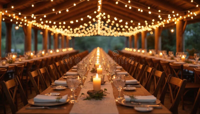 Rustic Dinner Party Setup with Long Wooden Tables, Candles, String ...