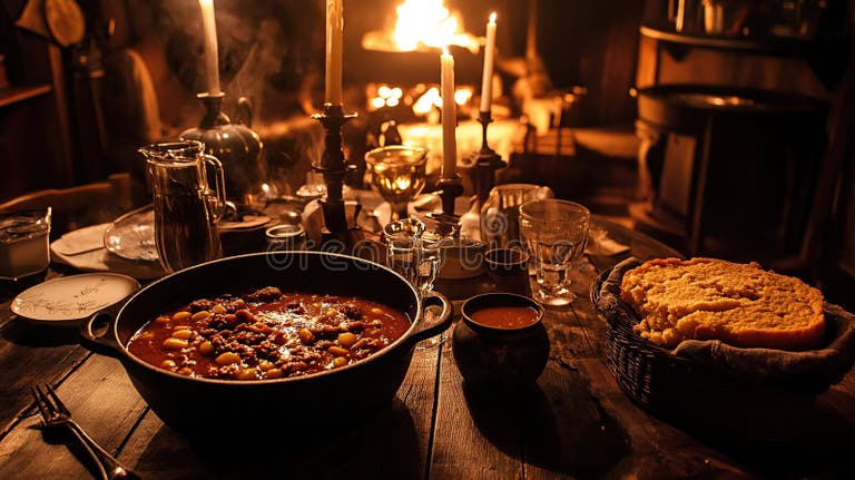 Rustic Dinner Scene with Hearty Stew, Bread, and Candlelight Stock ...