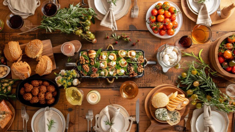 Rustic Dinner Table with Assorted Mediterranean Dishes Stock Image ...