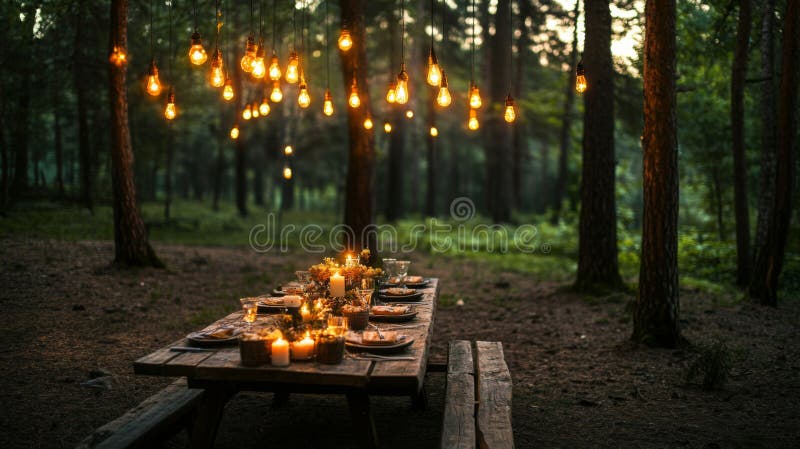 Rustic Dinner Table Set in a Forest with String Lights Stock ...