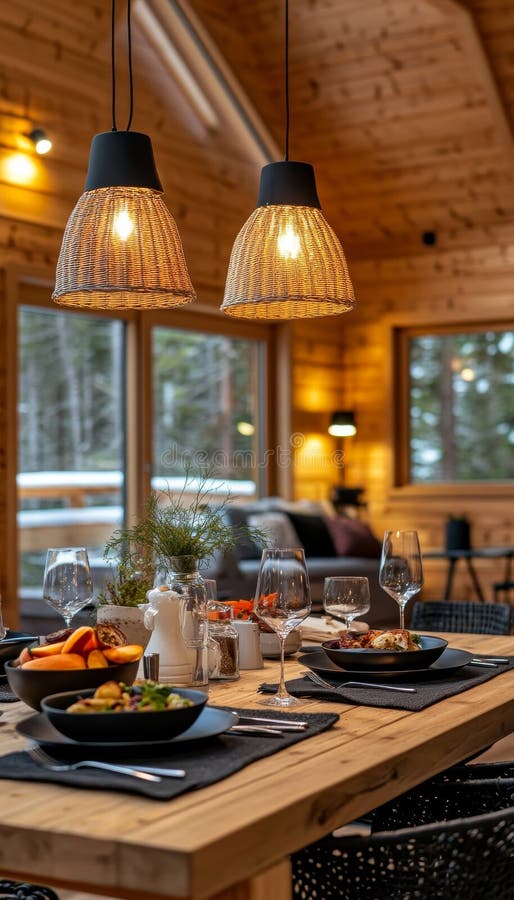 Rustic Dinner Table Set for Two with Forest Views through Windows in ...
