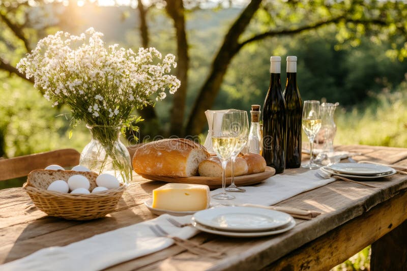 Rustic Dinner Table Setting with Fresh Food and White Wine Ready for a ...