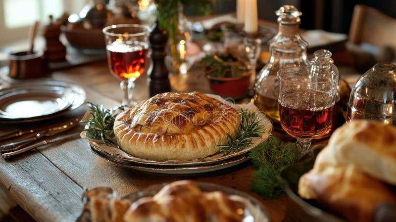 Rustic Dinner Table Setting with Pie and Wine for Cozy Autumn Gathering ...