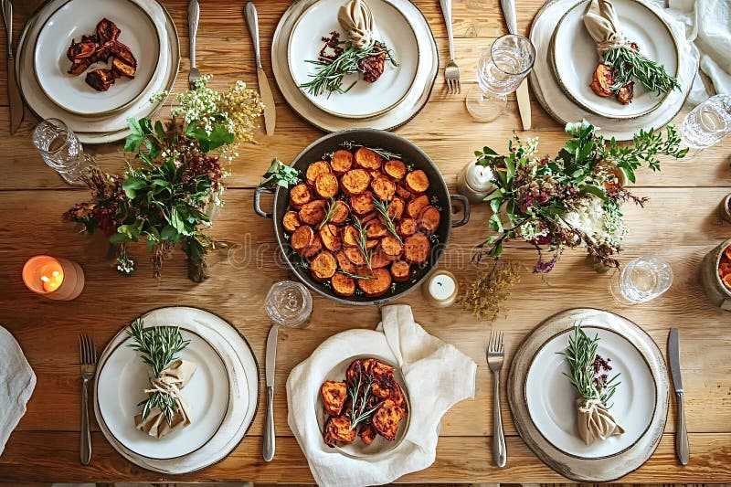Rustic Dinner Table Setting with Roasted Sweet Potatoes and Rosemary ...