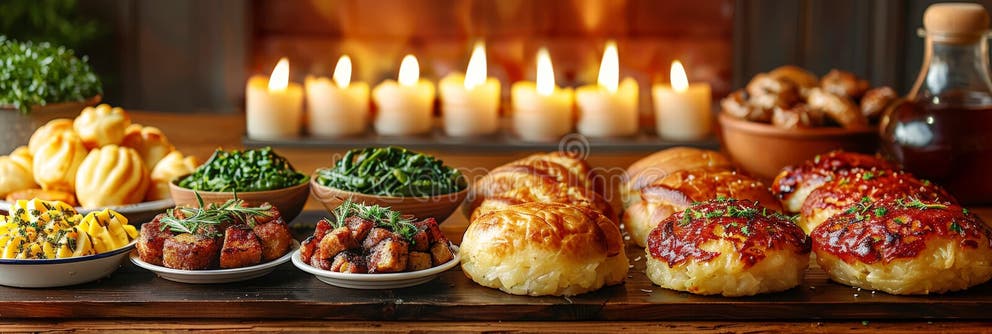 A Rustic Dinner Table Setup with a Variety of Breads, Vegetables, and ...