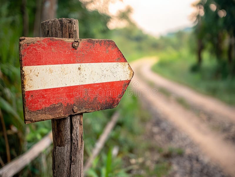 Rustic Directional Sign with Red and White Markings beside a Tranquil ...