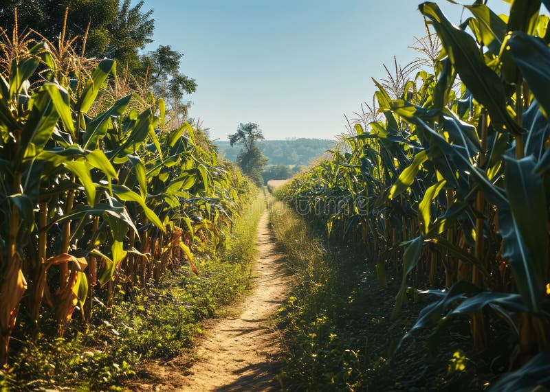 Rustic Dirt Path Leading through Lush Cornfield Under a Clear Blue Sky ...
