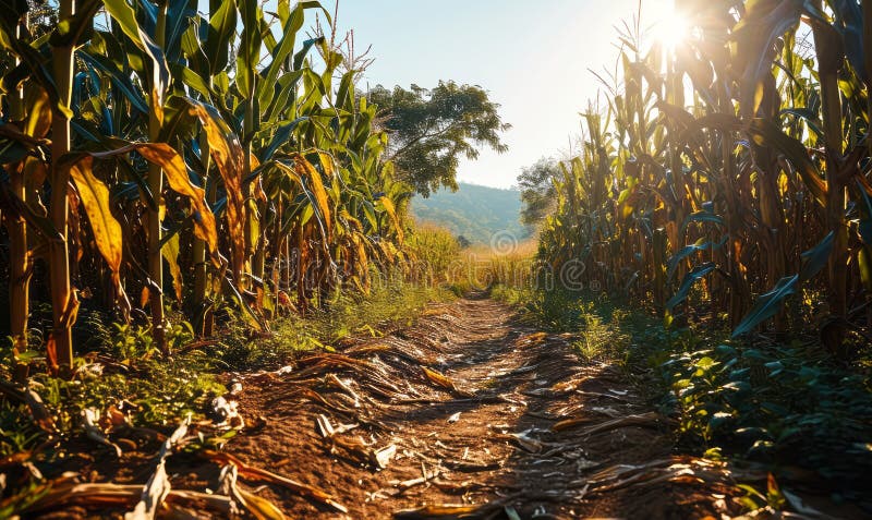 Rustic Dirt Path Leading through Lush Cornfield Under a Clear Blue Sky ...