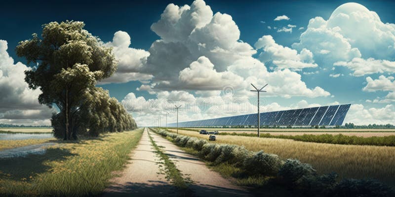 Rustic Dirt Road with Solar Panels Stock Illustration - Illustration of ...