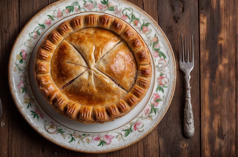 A Rustic Dish with a Golden-brown Pie with a Golden Crust on a Floral ...