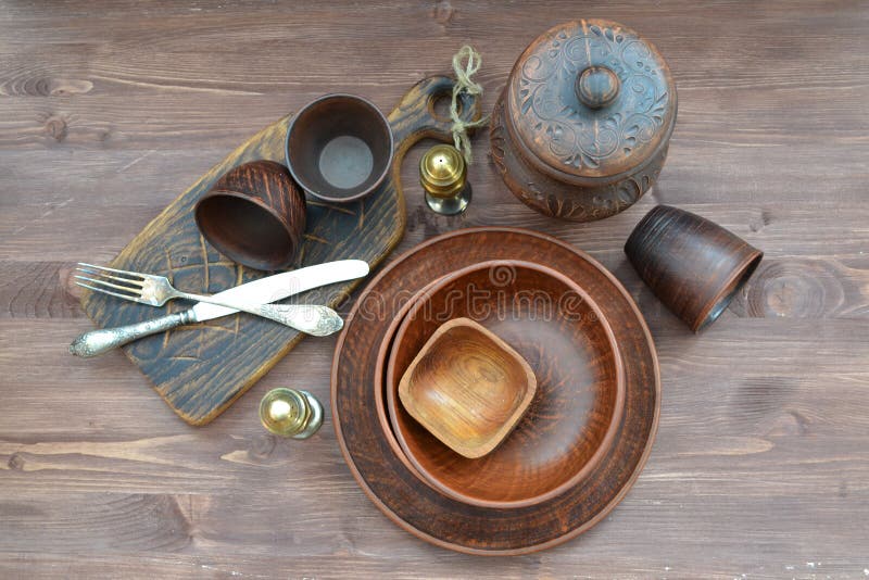 Rustic Dishes. Table Top View. Handmade Craft Stock Image - Image of ...