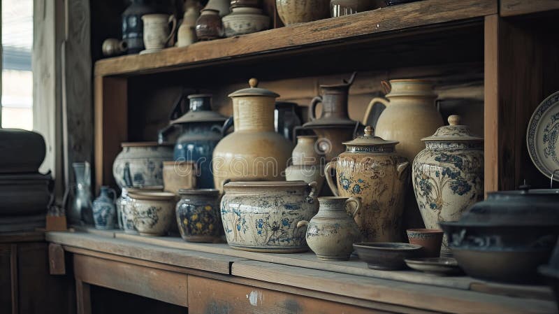 A Rustic Display of Antique Jars and Pottery in a Country Store Stock ...
