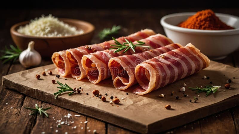 A Rustic Display of Bacon-wrapped Ingredients on a Wooden Surface ...