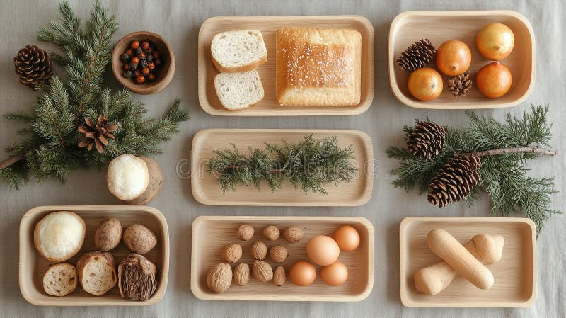 A Rustic Display of Bread Fruits and Nuts Arranged on Wooden Trays with ...