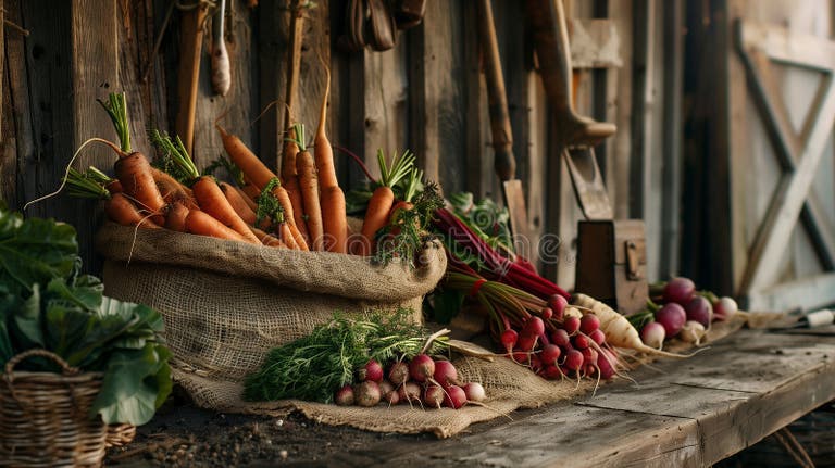Rustic Display Case with Freshly Dug Carrots, Beets, Radishes Stock ...