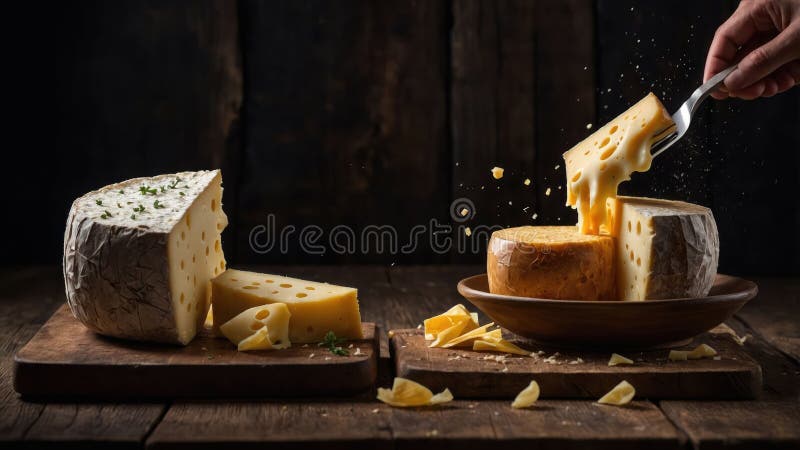 A Rustic Display of Cheese, Showcasing Textures and a Fork Lifting a ...
